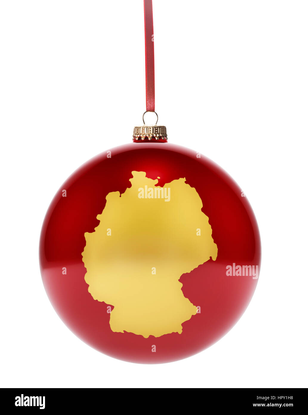 A hanging glossy red bauble with the golden shape of Germany.(series ...