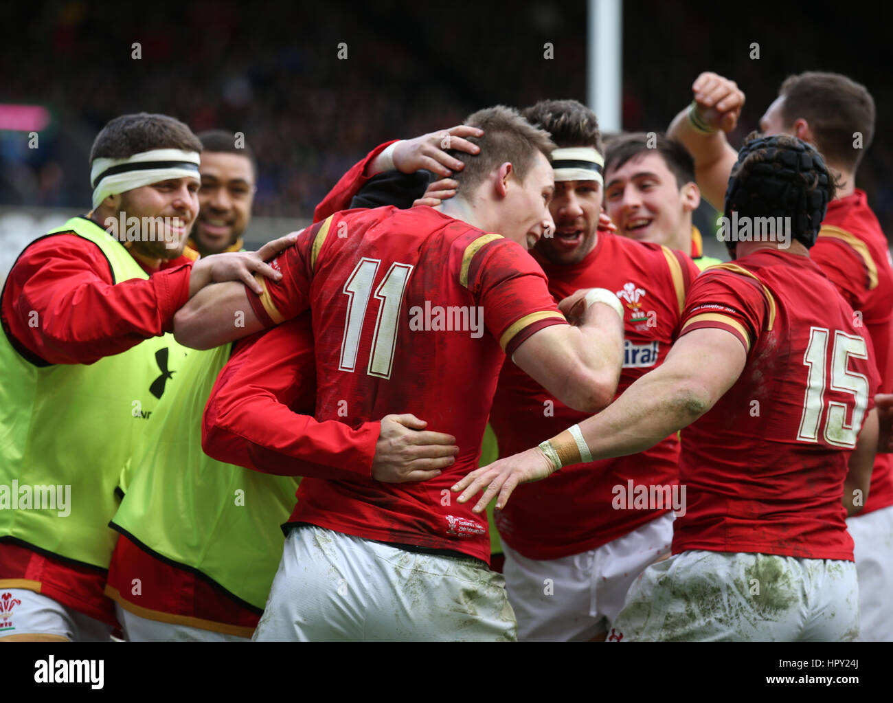 Wales' Liam Williams celebrates scoring a try during the RBS 6 Nations ...
