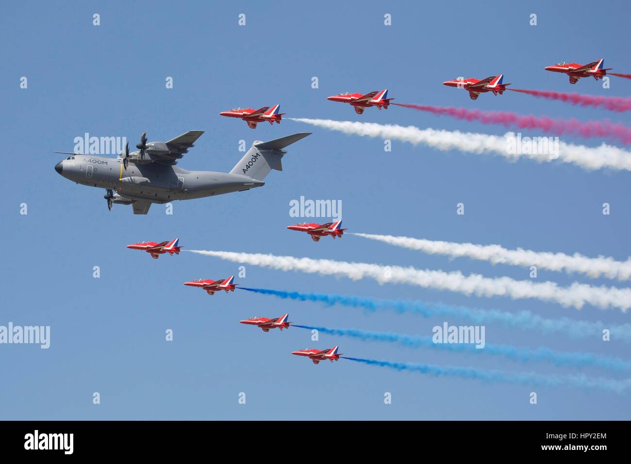 Airbus A400M Atlas flying in formation with the Red Arrows Stock Photo ...