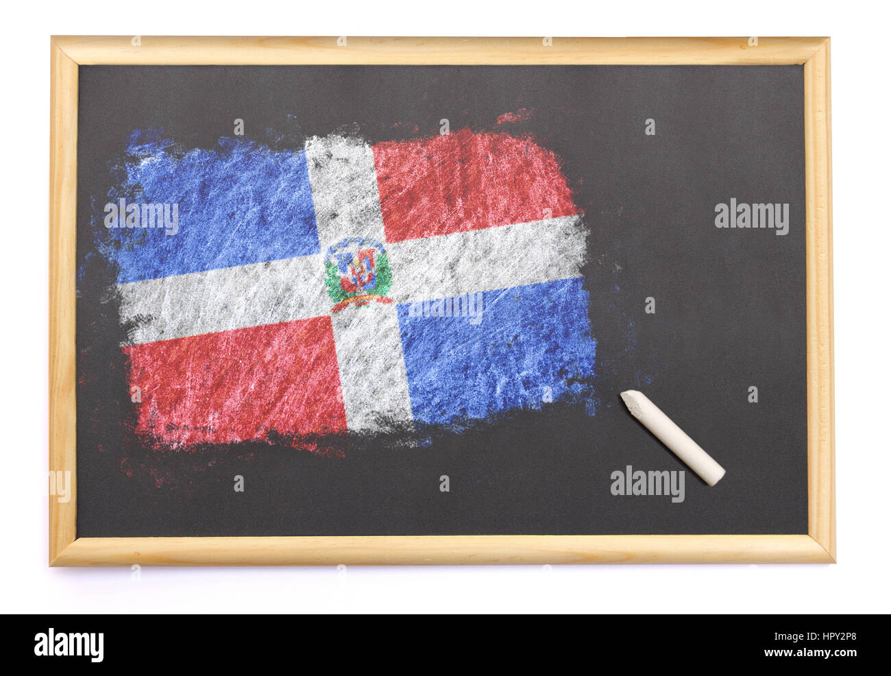 Blackboard with the national flag of Dominican Republic drawn on and a ...