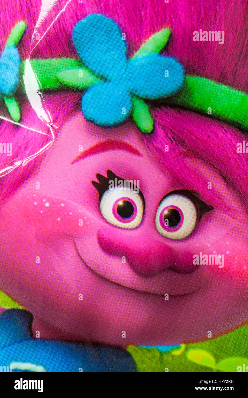 Close up detail of Troll character on packet of nickelodeon Trolls ...