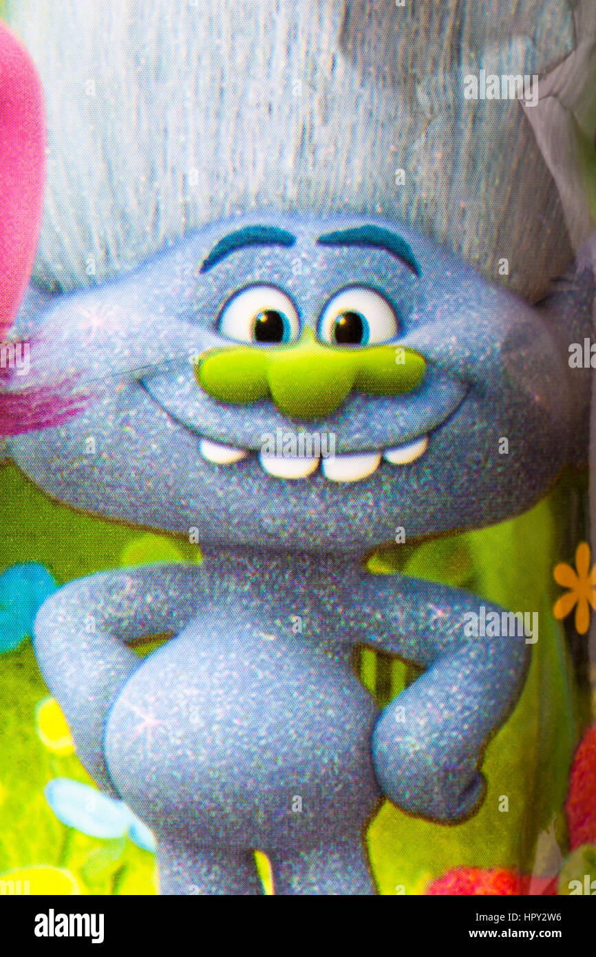 Close up detail of Troll character on packet of nickelodeon Trolls ...