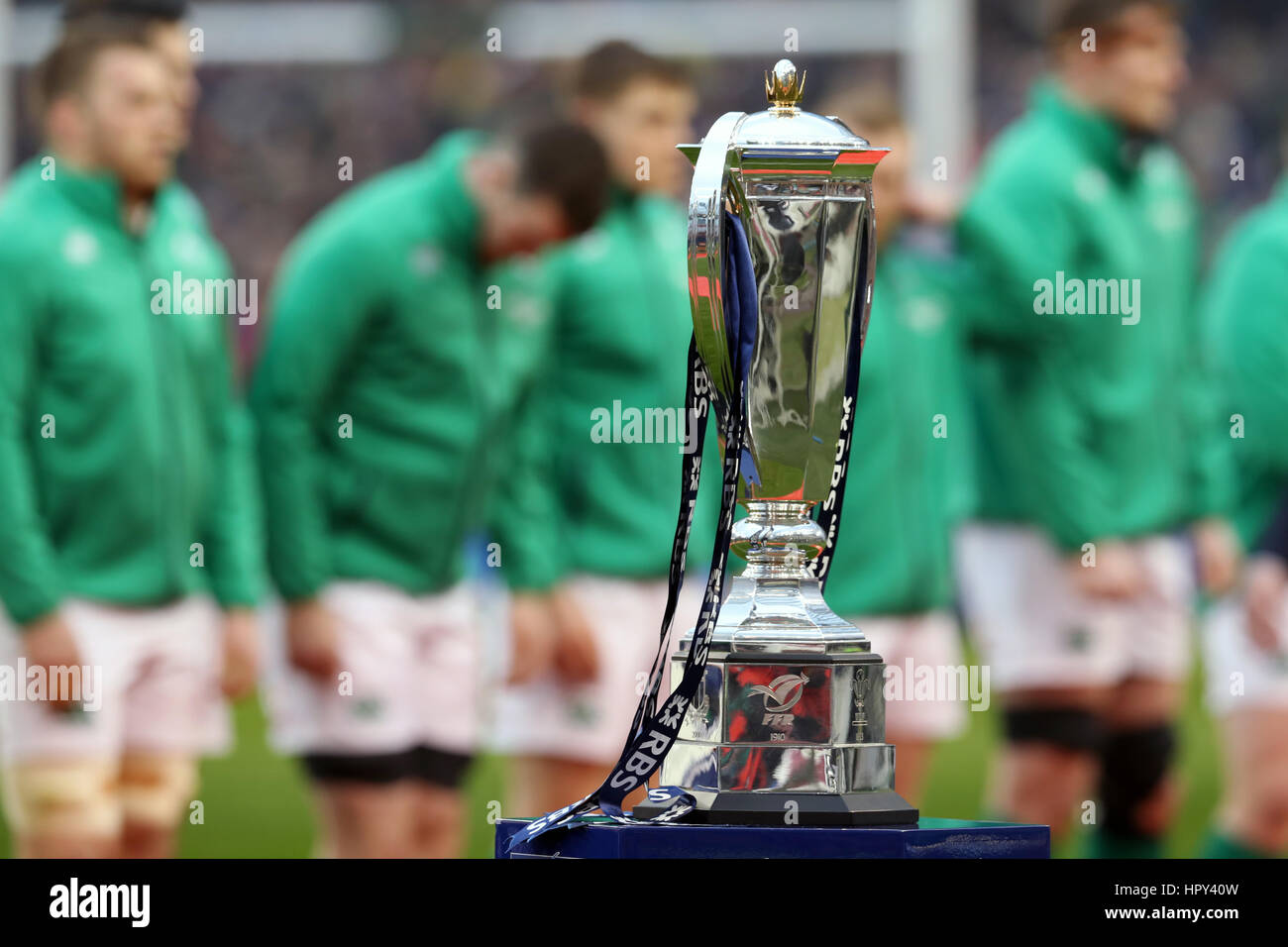 General view of the RBS 6 Nations trophy as the Ireland team line up ...