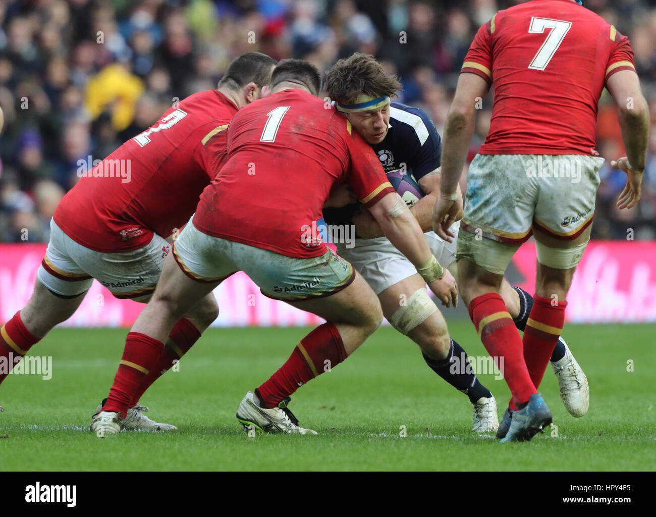 Scotland's Hamish Watson challenges Wales' Rob Evans during the RBS 6 ...