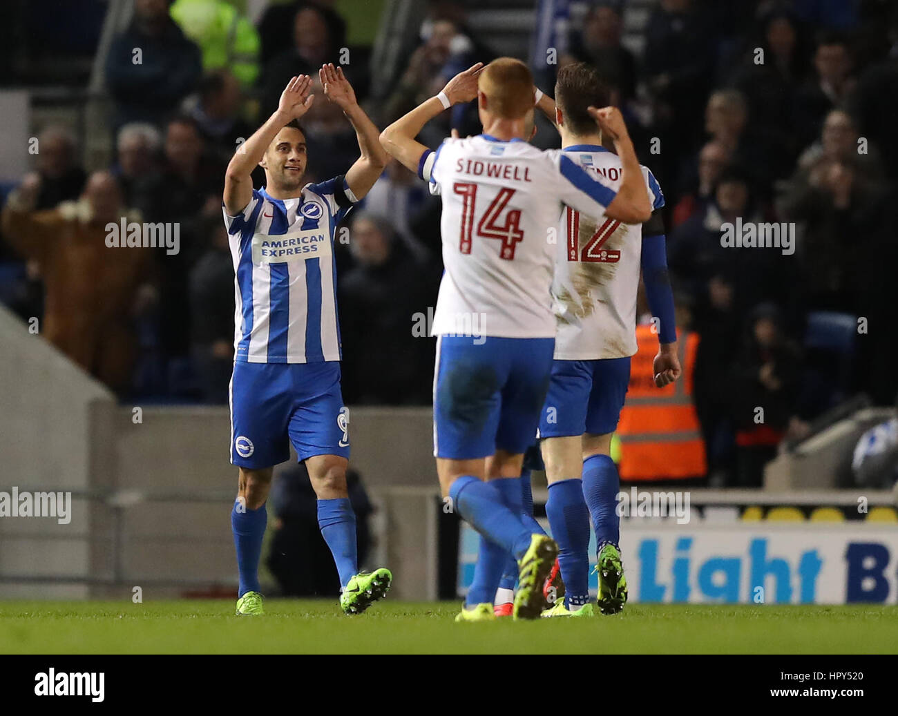 Brighton and Hove Albion's Sam Baldock (left) celebrates with his team ...