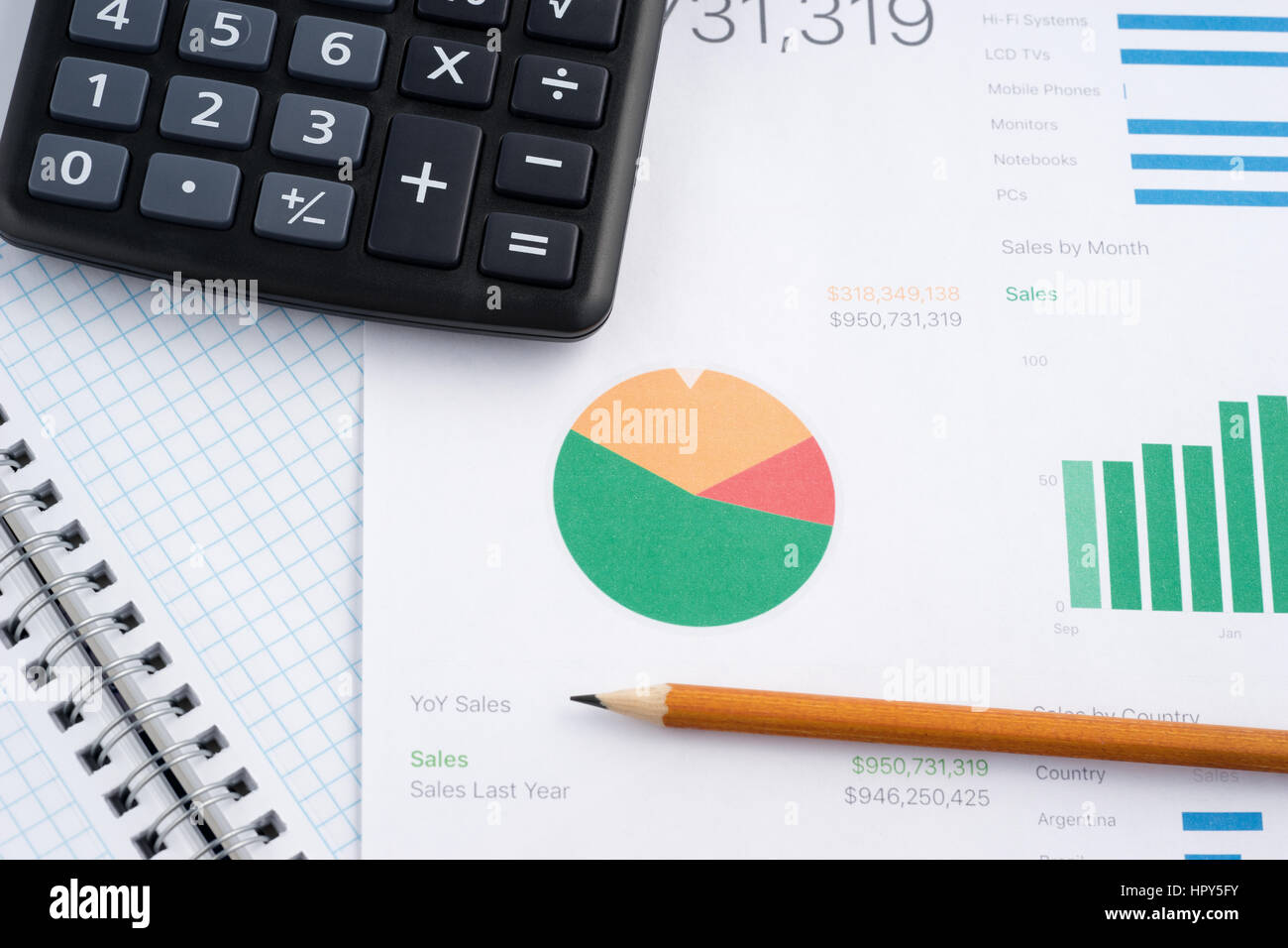 Financial paper charts and graphs, calculator Stock Photo - Alamy