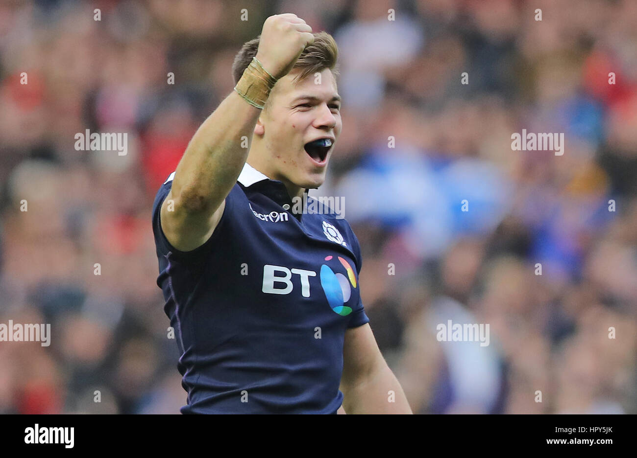 Scotland's Huw Jones celebrates victory against Wales at the end of the ...