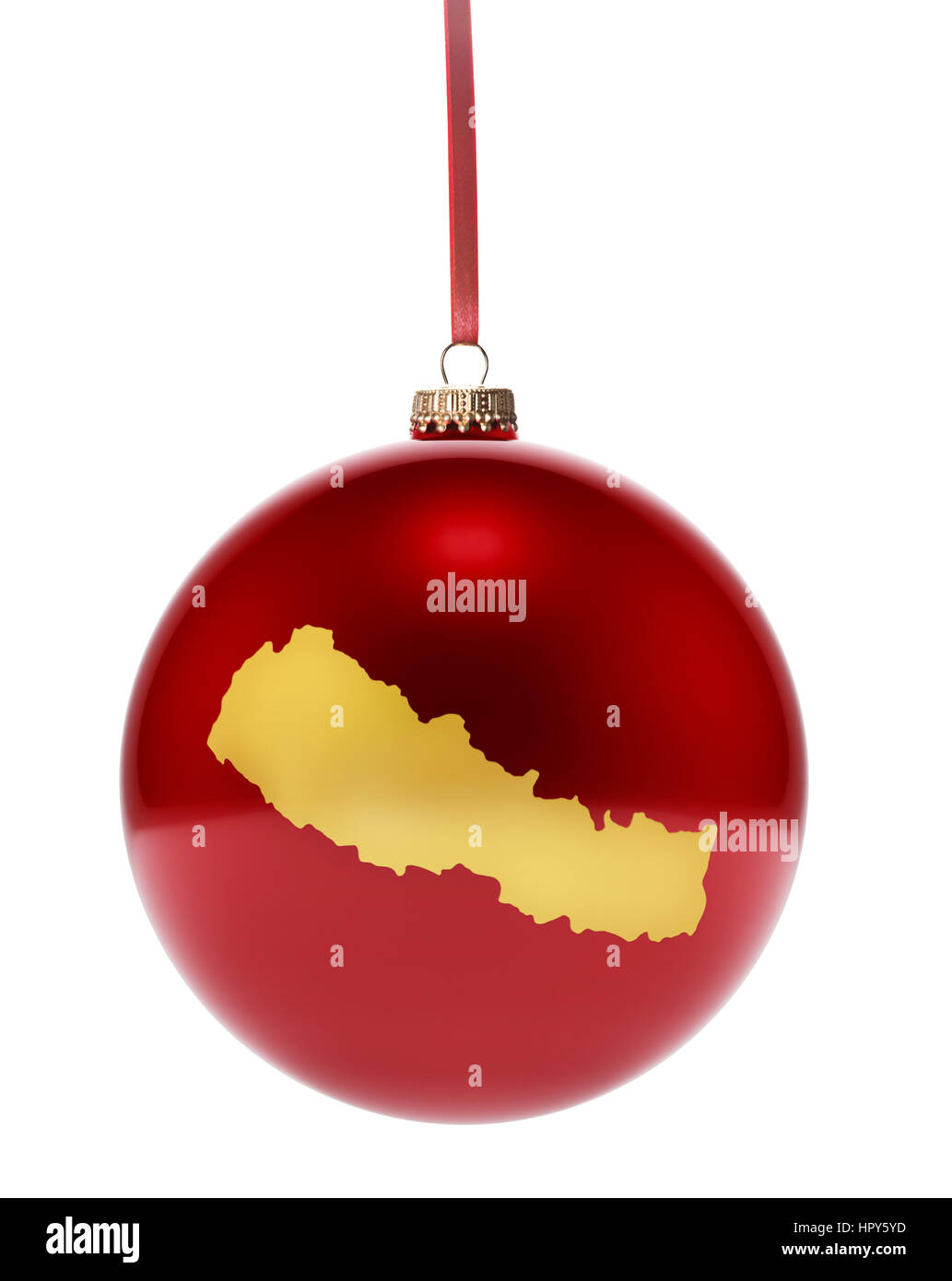 A hanging glossy red bauble with the golden shape of Nepal.(series ...