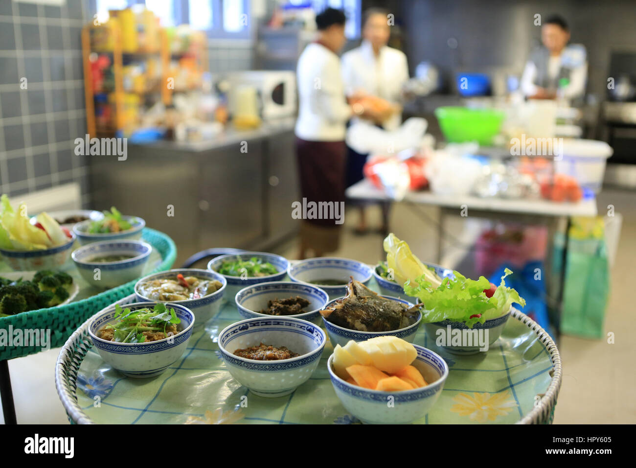 The kitchen. Offerings preparation. Asian meal. Wat Velouvanaram ...