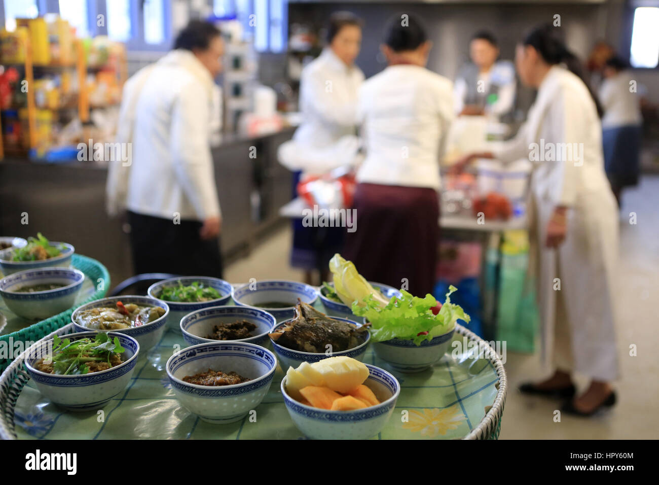 The kitchen. Offerings preparation. Asian meal. Wat Velouvanaram ...