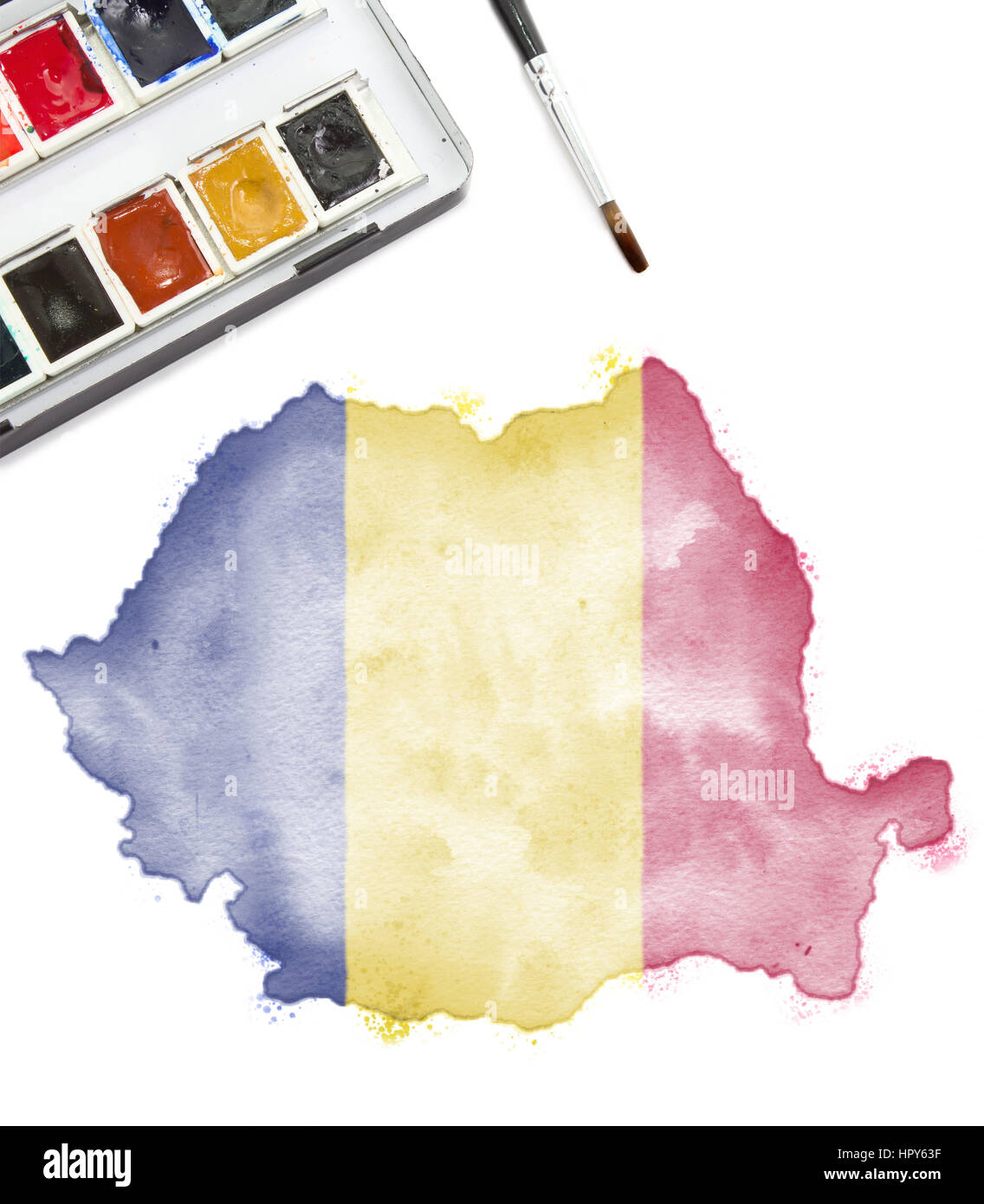 A watercolor painting of Romania in the national colors.(series Stock ...