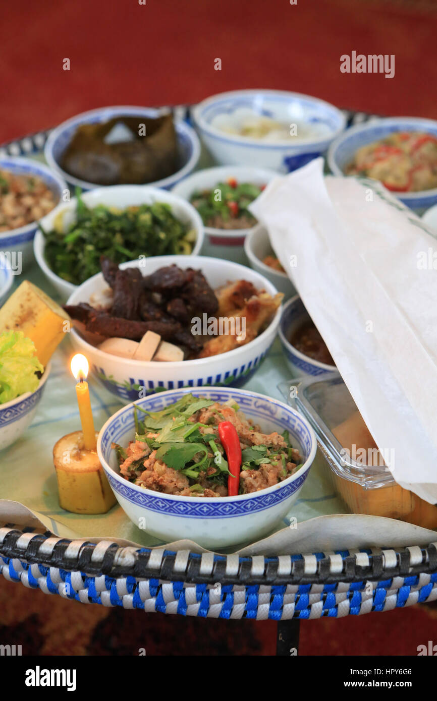 Asian meal. Offerings. Wat Velouvanaram Buddhist monastery. Bussy-Saint ...
