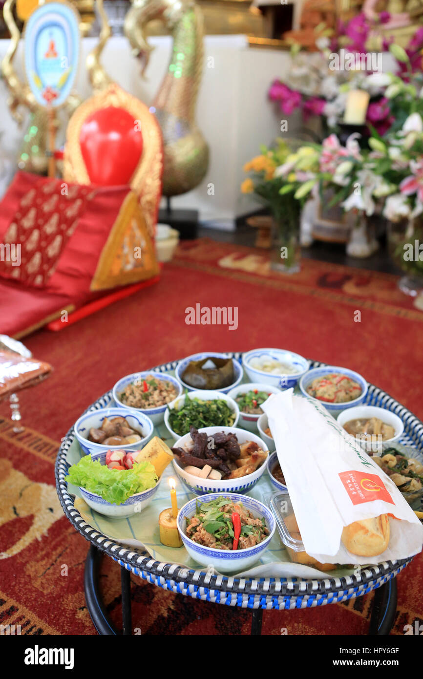 Asian meal. Offerings. Wat Velouvanaram Buddhist monastery. Bussy-Saint ...