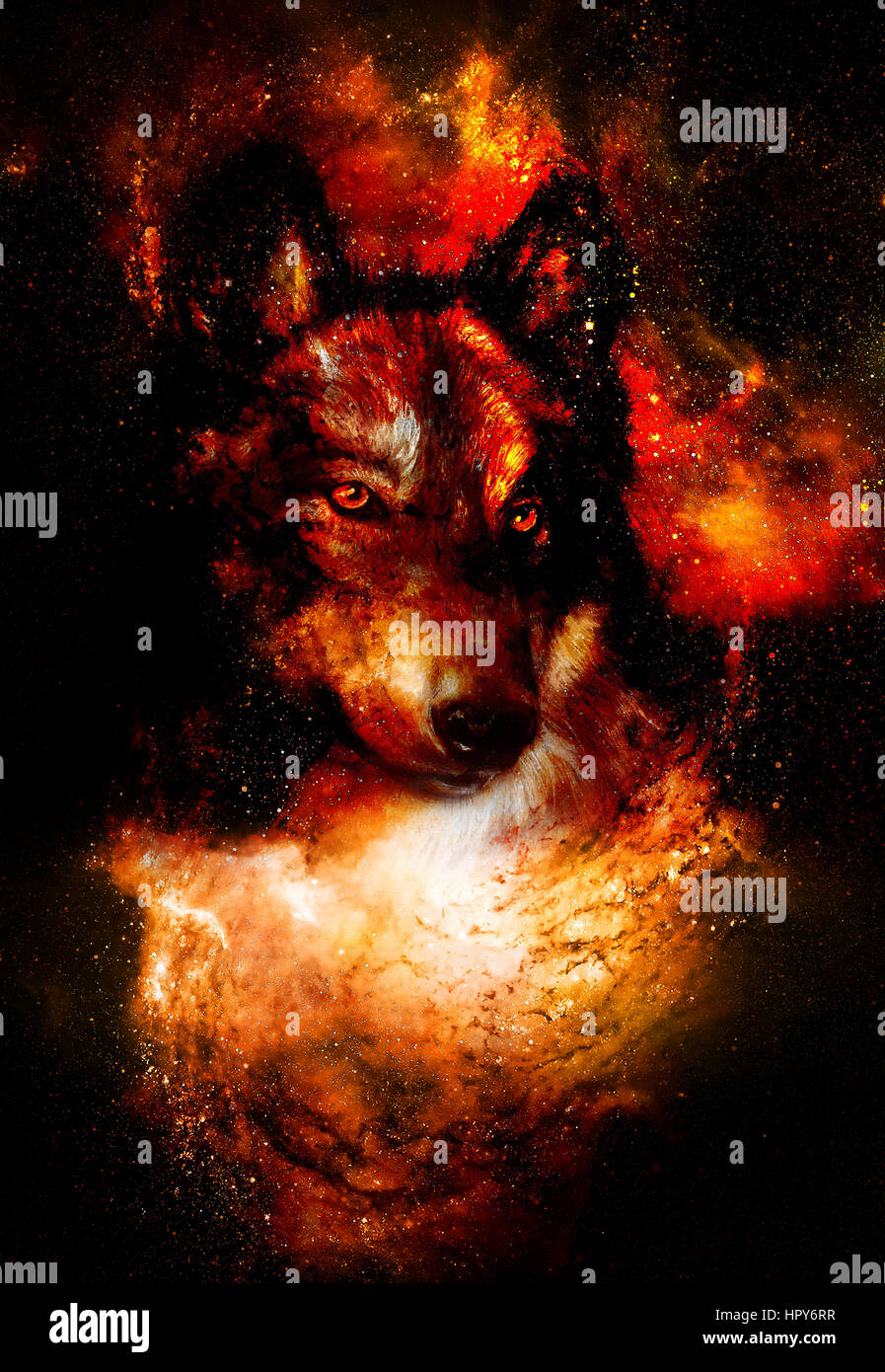 magical space wolf, multicolor computer graphic collage. Space fire ...
