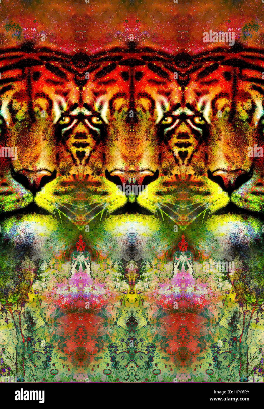 tiger face ornamental collage with repeated features, computer graphic ...