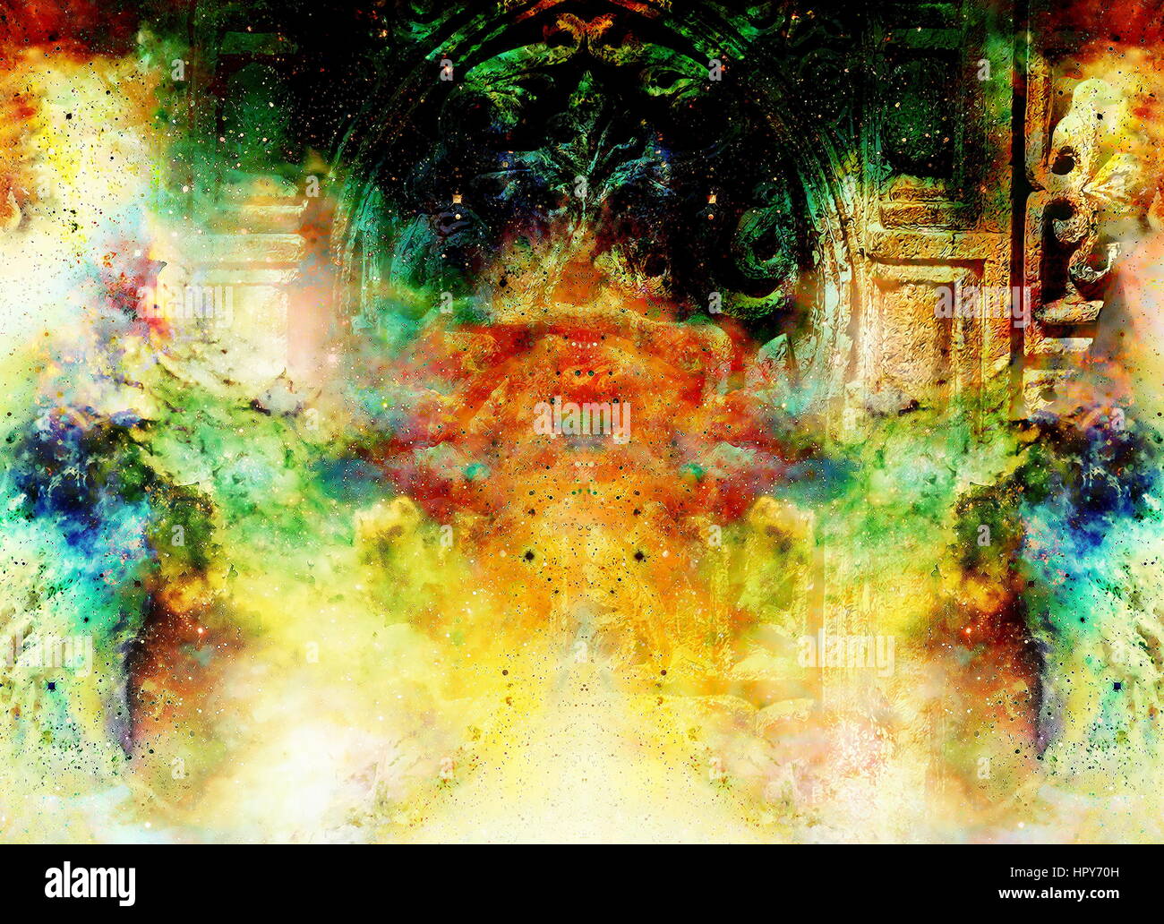 filigrane ornamental structure on abstract cosmic background, collage ...