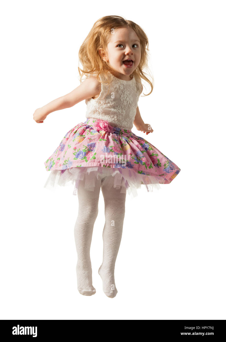 Little cute girl jumping, running, dancing, having fun. Isolated on ...