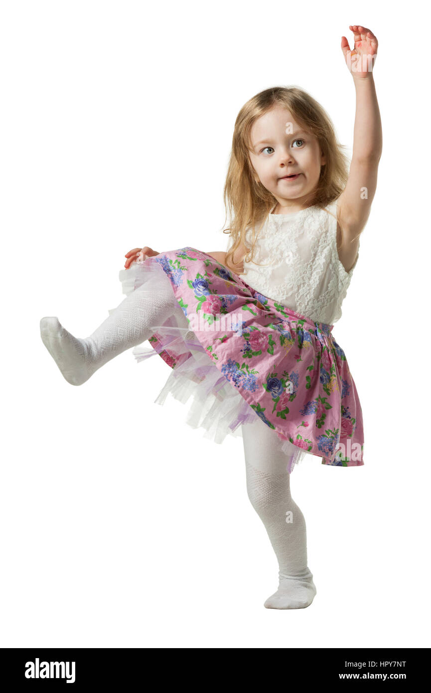 Little cute girl jumping, running, dancing, having fun. Isolated on ...