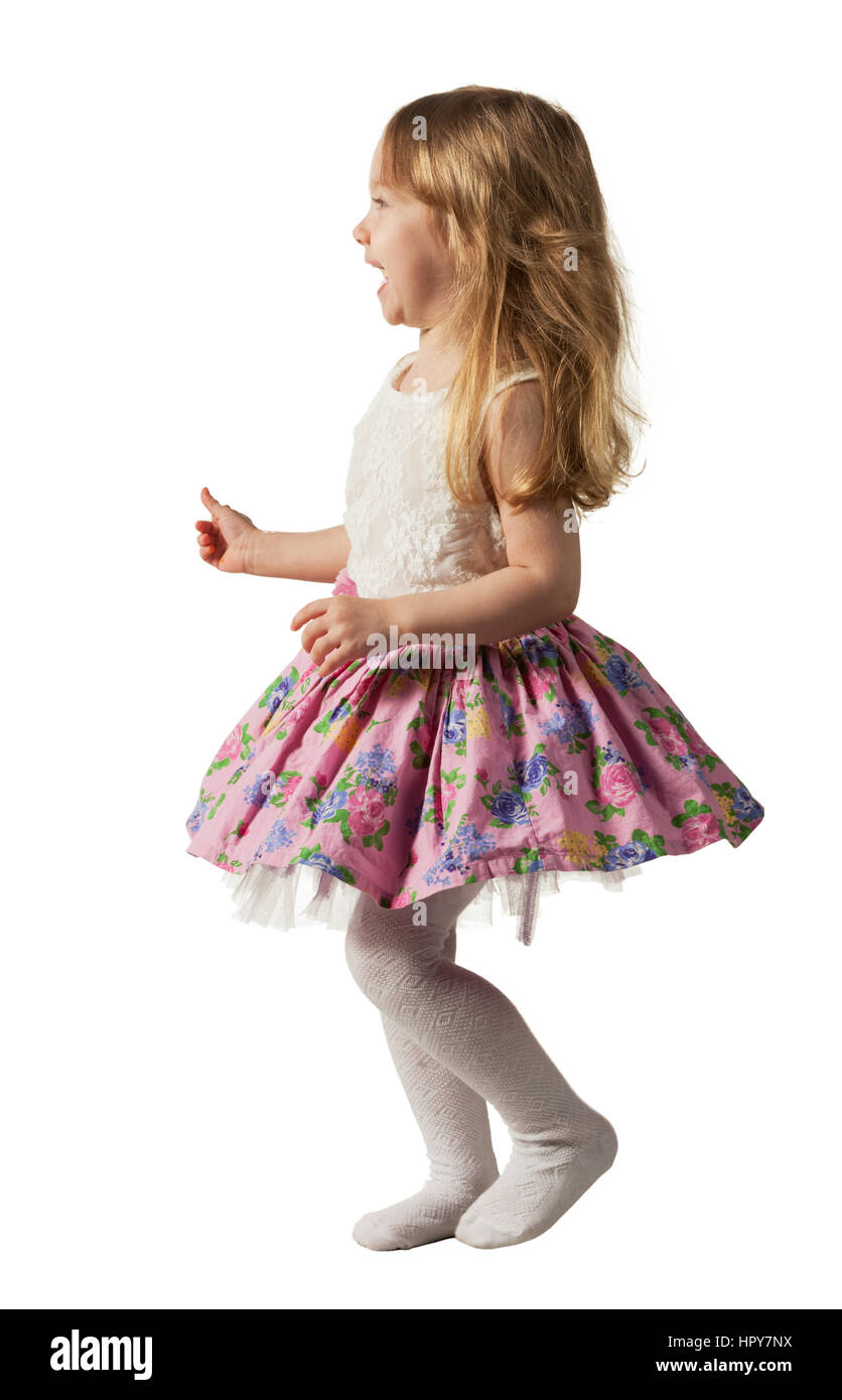 Little cute girl jumping, running, dancing, having fun. Isolated on ...