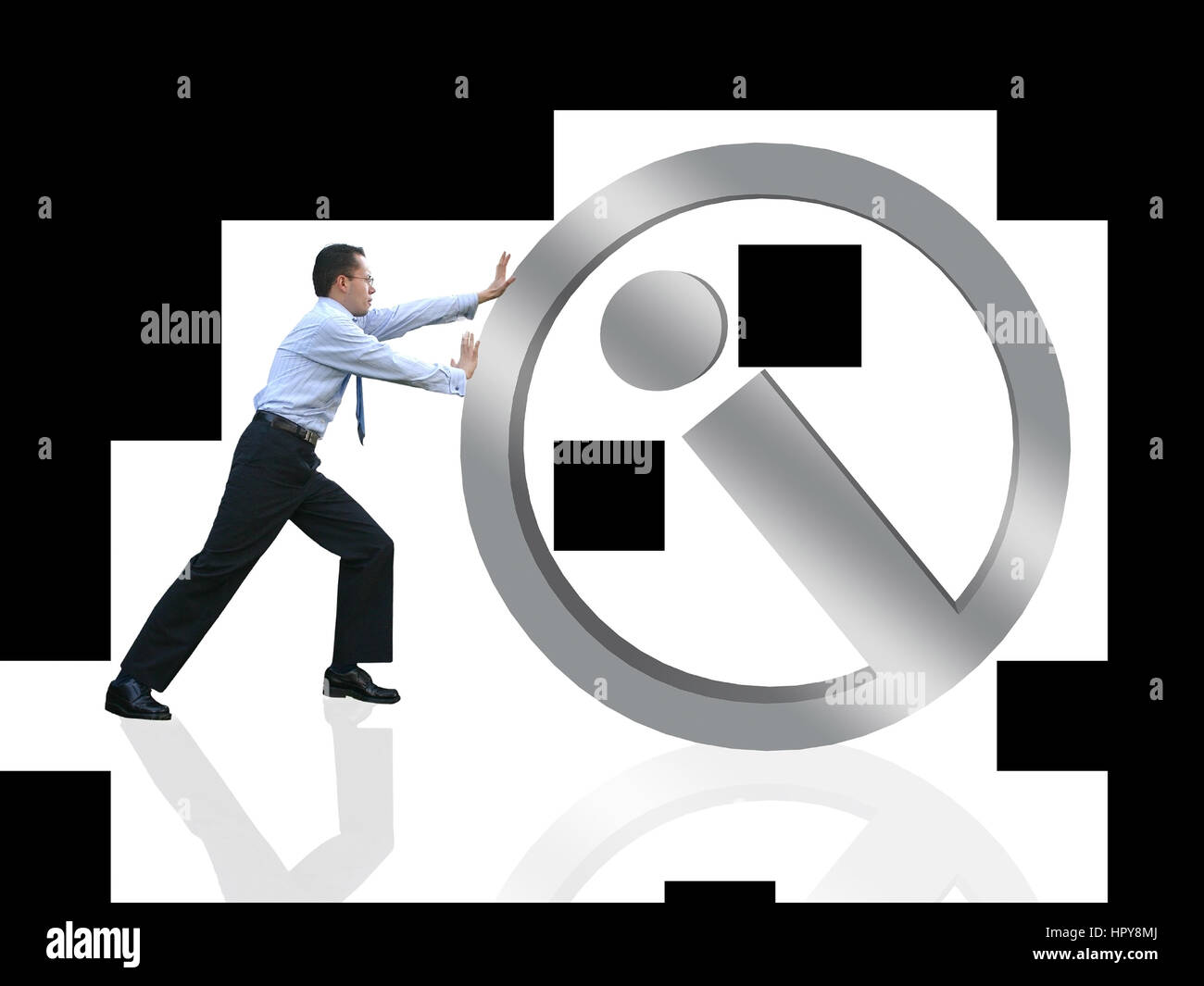 business man pushing an information sign Stock Photo - Alamy