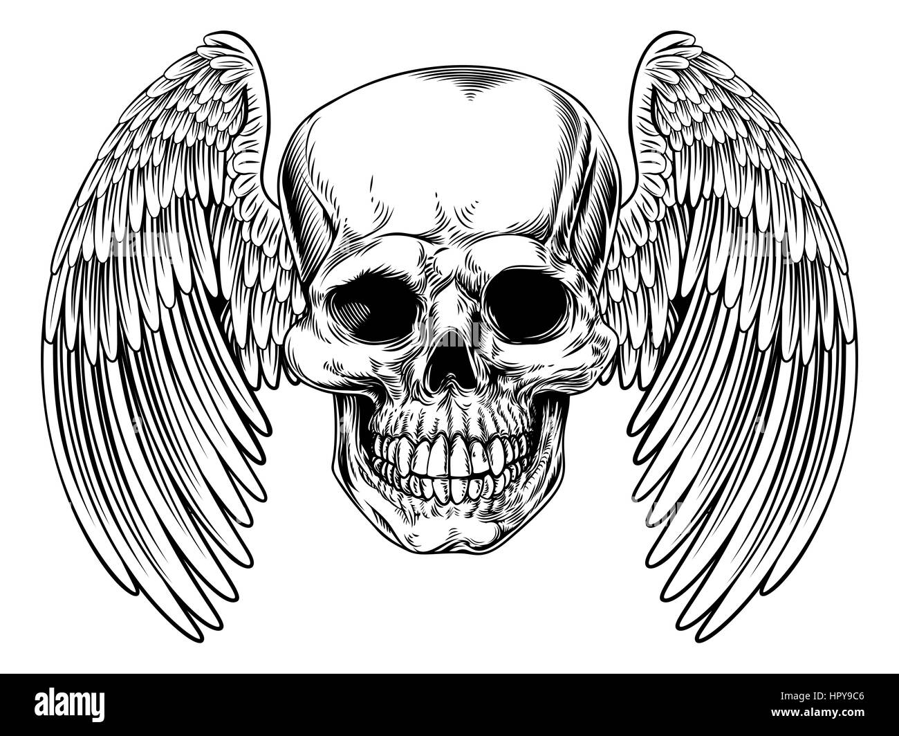 Winged skull drawing in a vintage retro woodcut etched or engraved ...