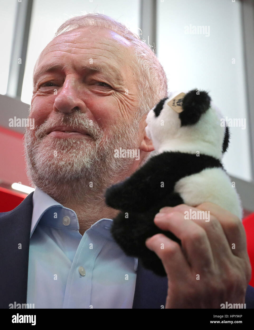 Labour leader Jeremy Corbyn holding a toy panda on the WWF stall on the ...