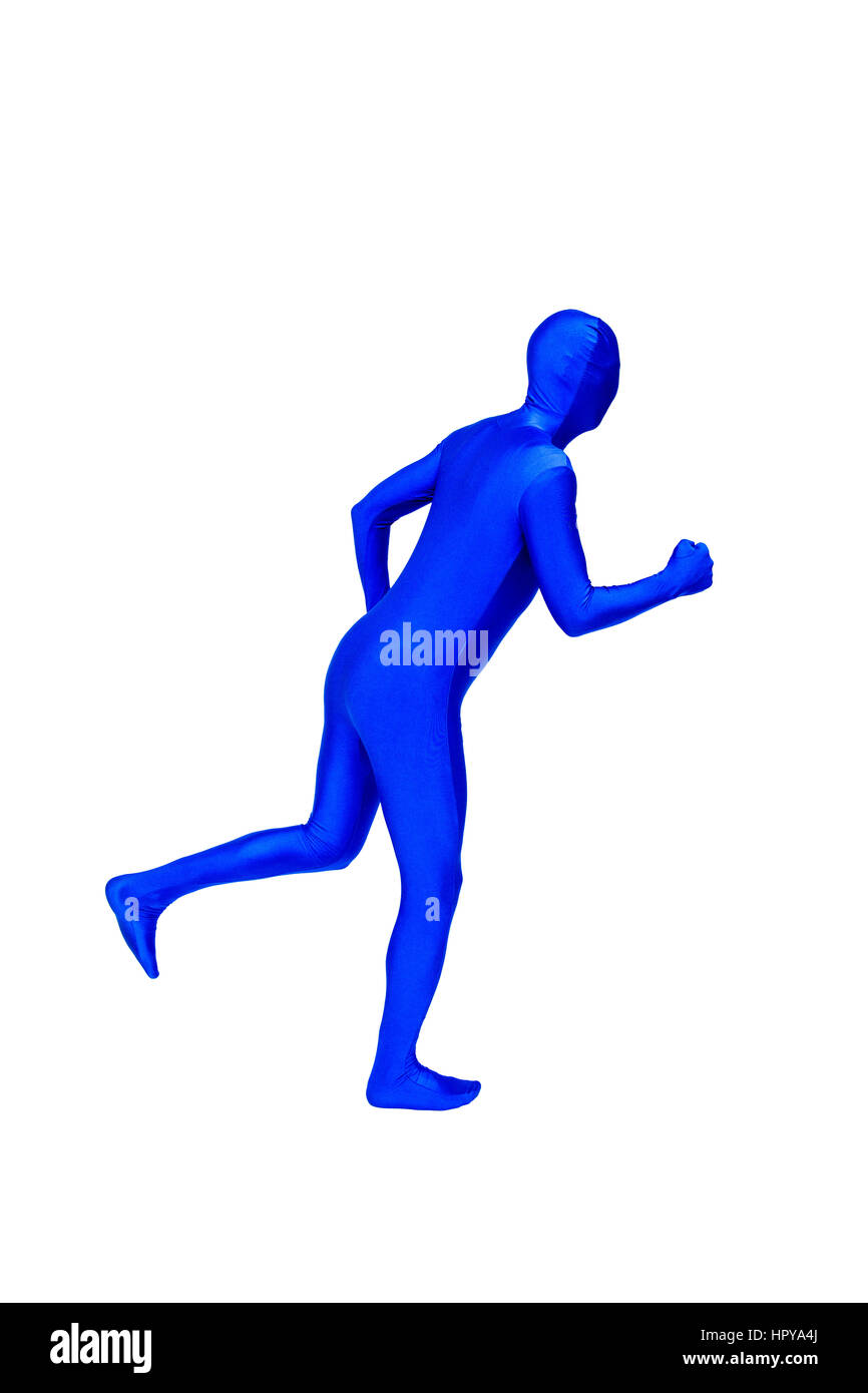 Mysterious blue man in morphsuit shows running isolated on white Stock ...
