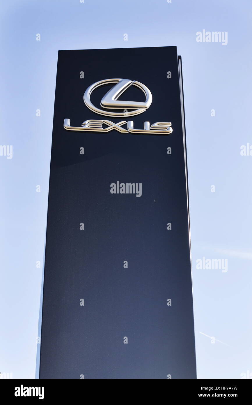 PRAGUE, CZECH REPUBLIC - FEBRUARY 25: Lexus car logo in front of ...