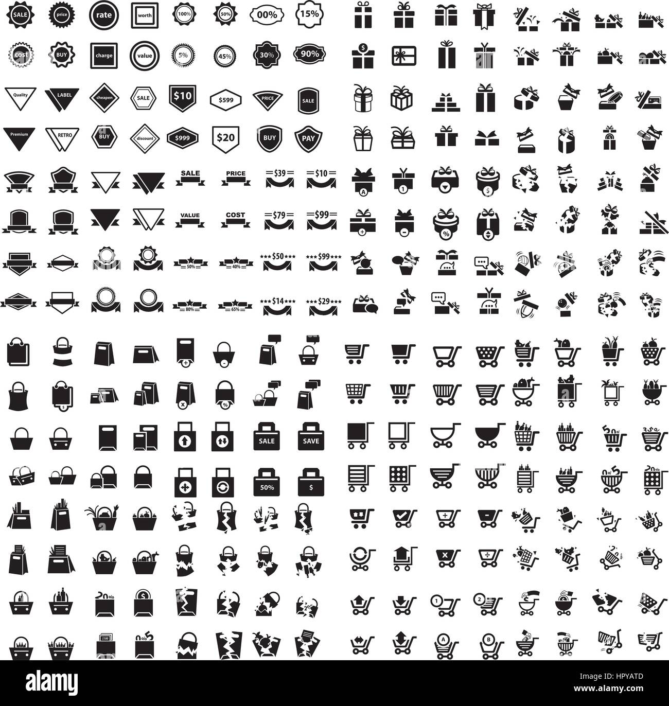 Shopping cart, Bags, gift box and Label set 256 item icons Stock Vector ...