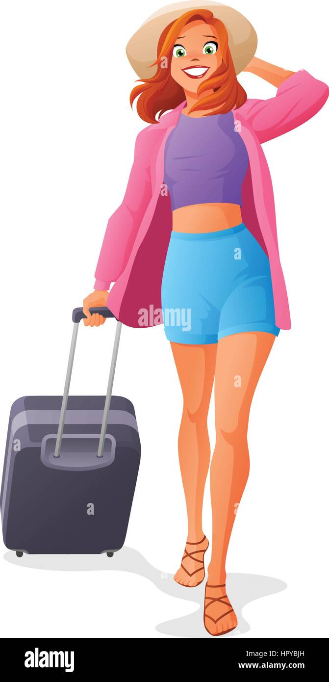 Cute smiling young woman going on vacation, dragging traveling luggage ...
