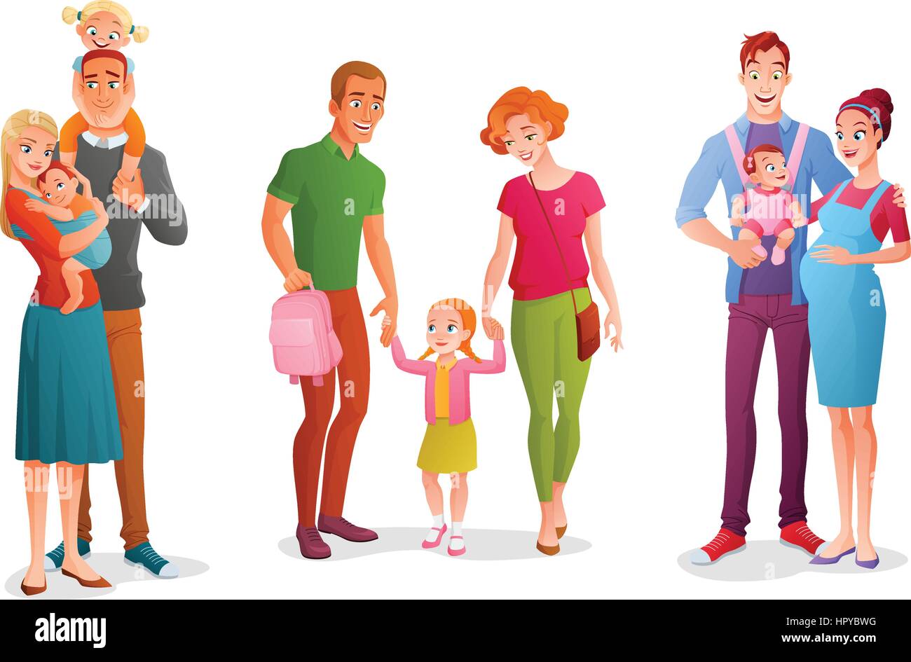 Set of bright colorful different happy families with children. Cartoon ...