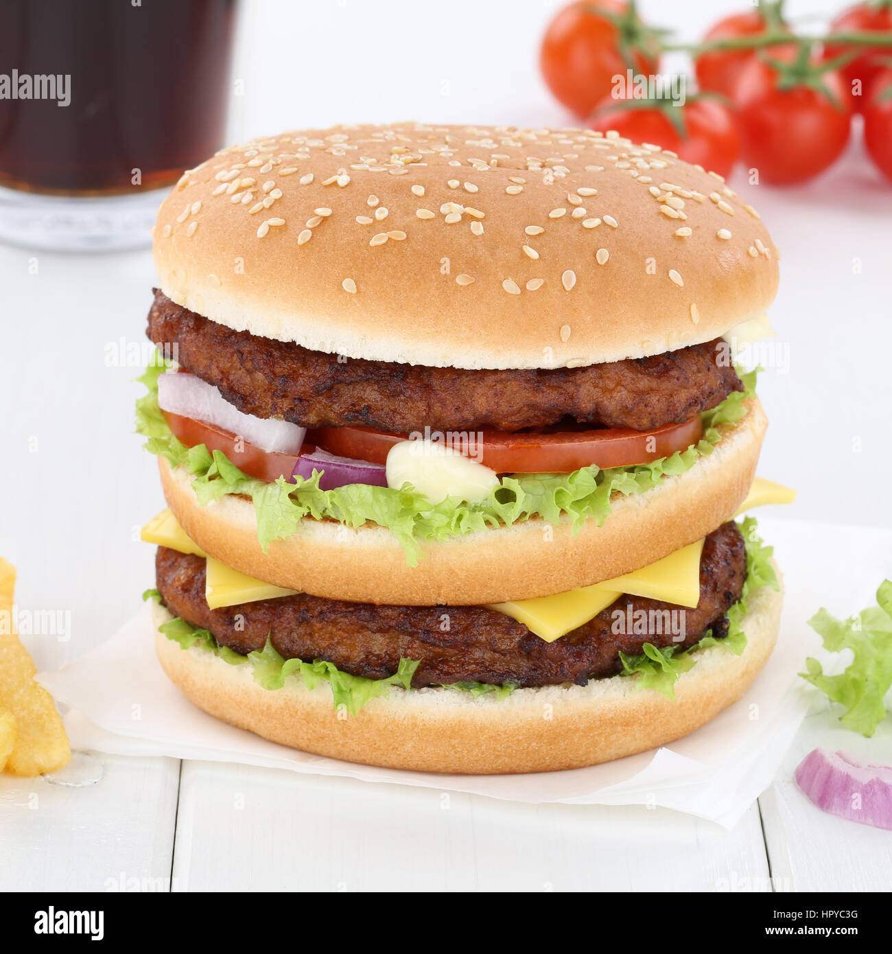 Double burger hamburger menu meal cola drink fast food Stock Photo - Alamy