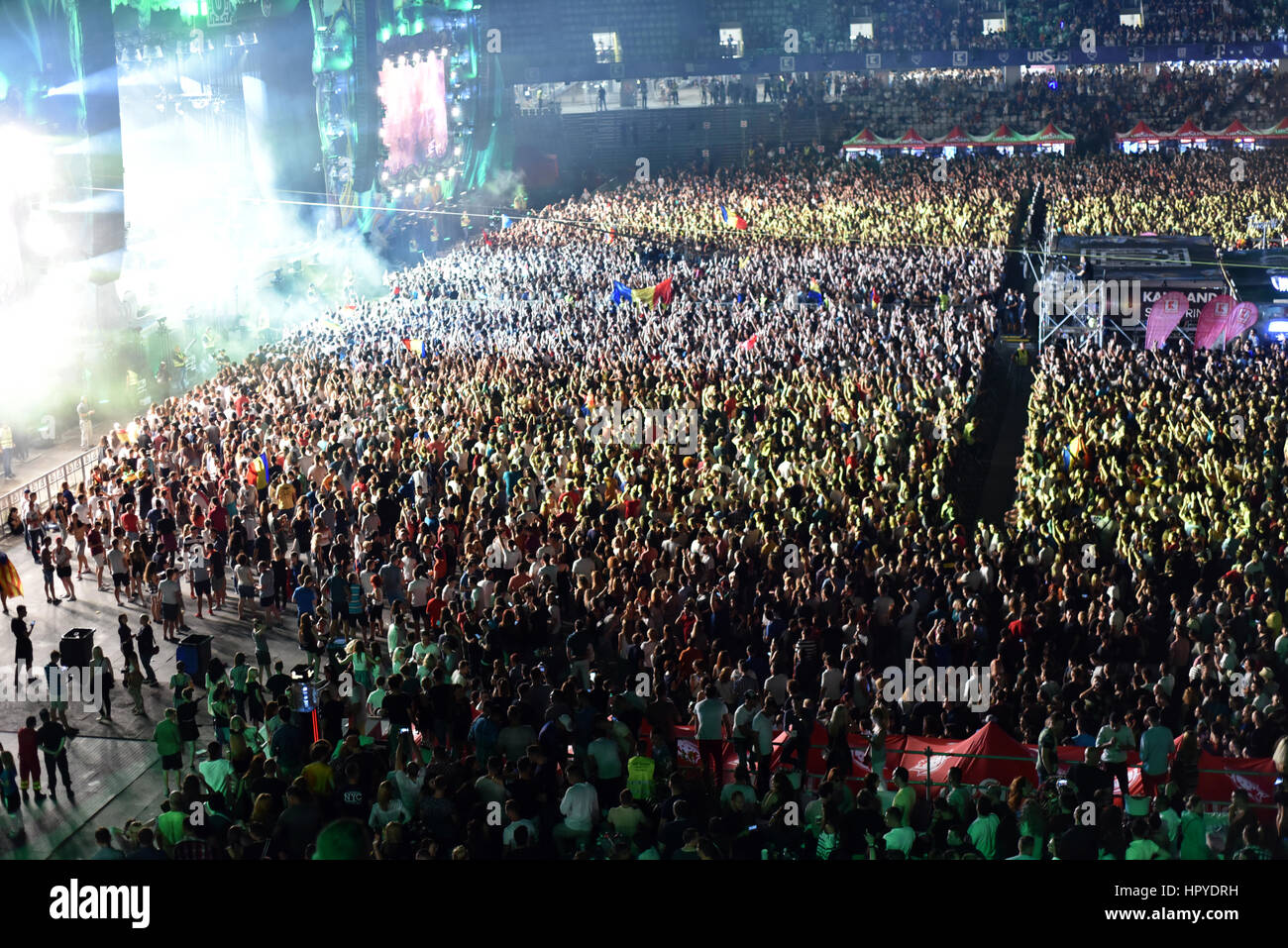 CLUJ-NAPOCA, ROMANIA - AUGUST 4, 2016: Stadium full with cheering crowd ...