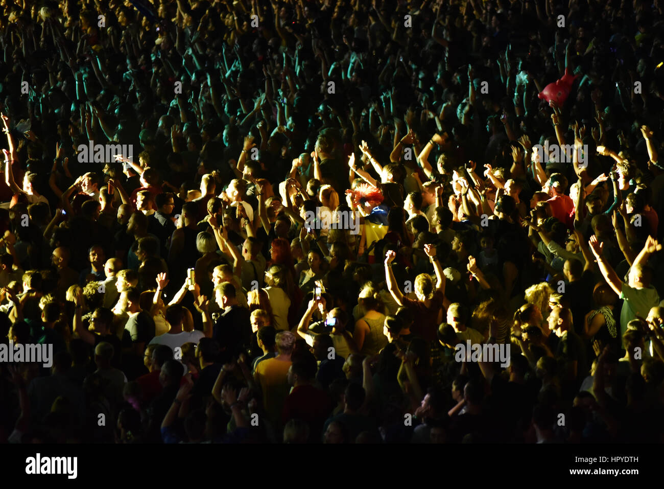 CLUJ-NAPOCA, ROMANIA - AUGUST 4, 2016: Stadium full with cheering crowd ...