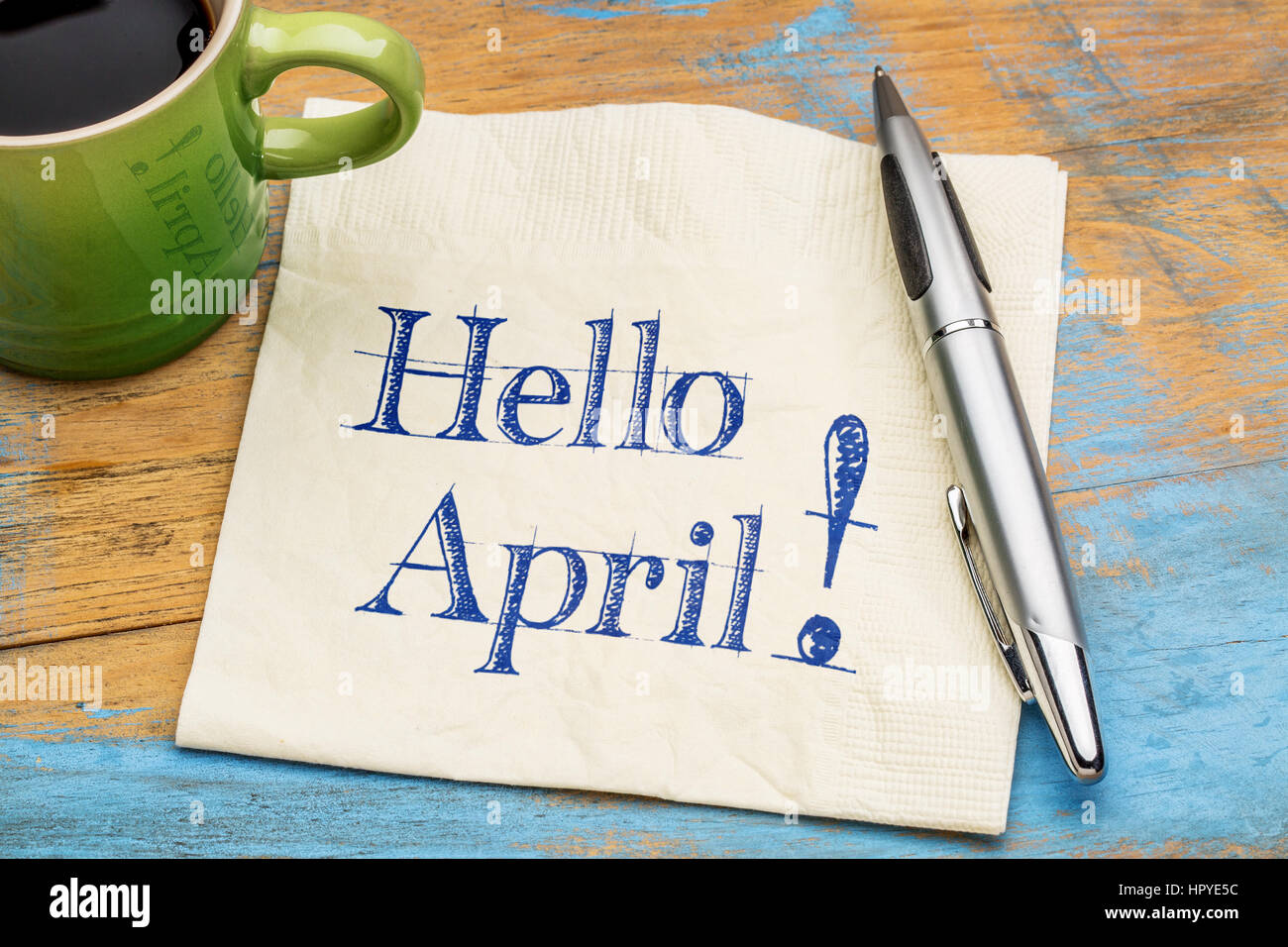 Hello April - handwriting on a napkin with a cup of coffee Stock Photo ...