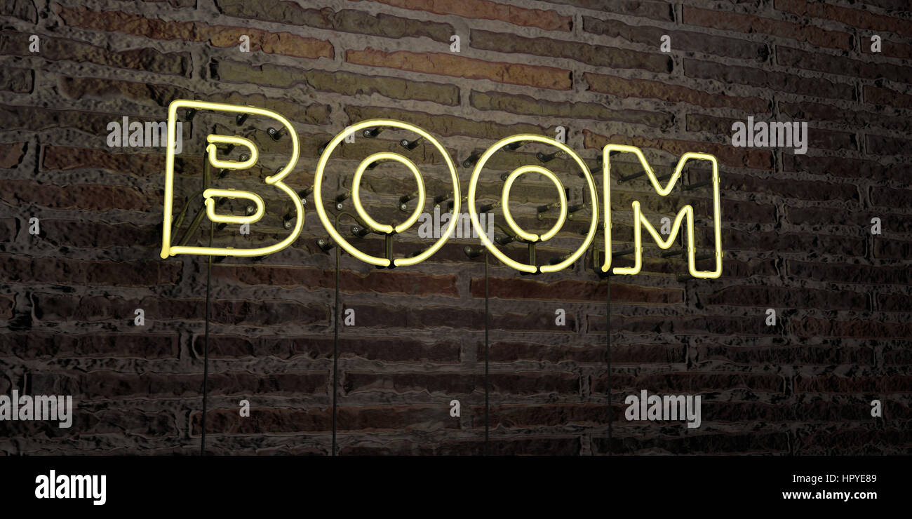 BOOM -Realistic Neon Sign on Brick Wall background - 3D rendered ...