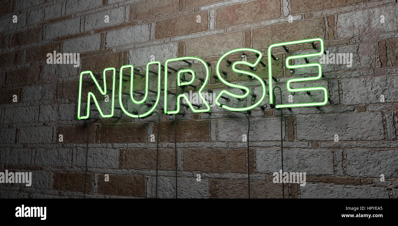 NURSE - Glowing Neon Sign on stonework wall - 3D rendered royalty free ...
