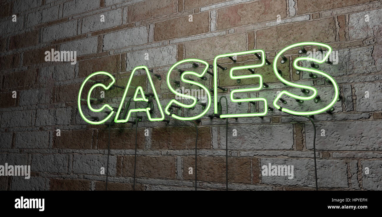 CASES - Glowing Neon Sign on stonework wall - 3D rendered royalty free ...