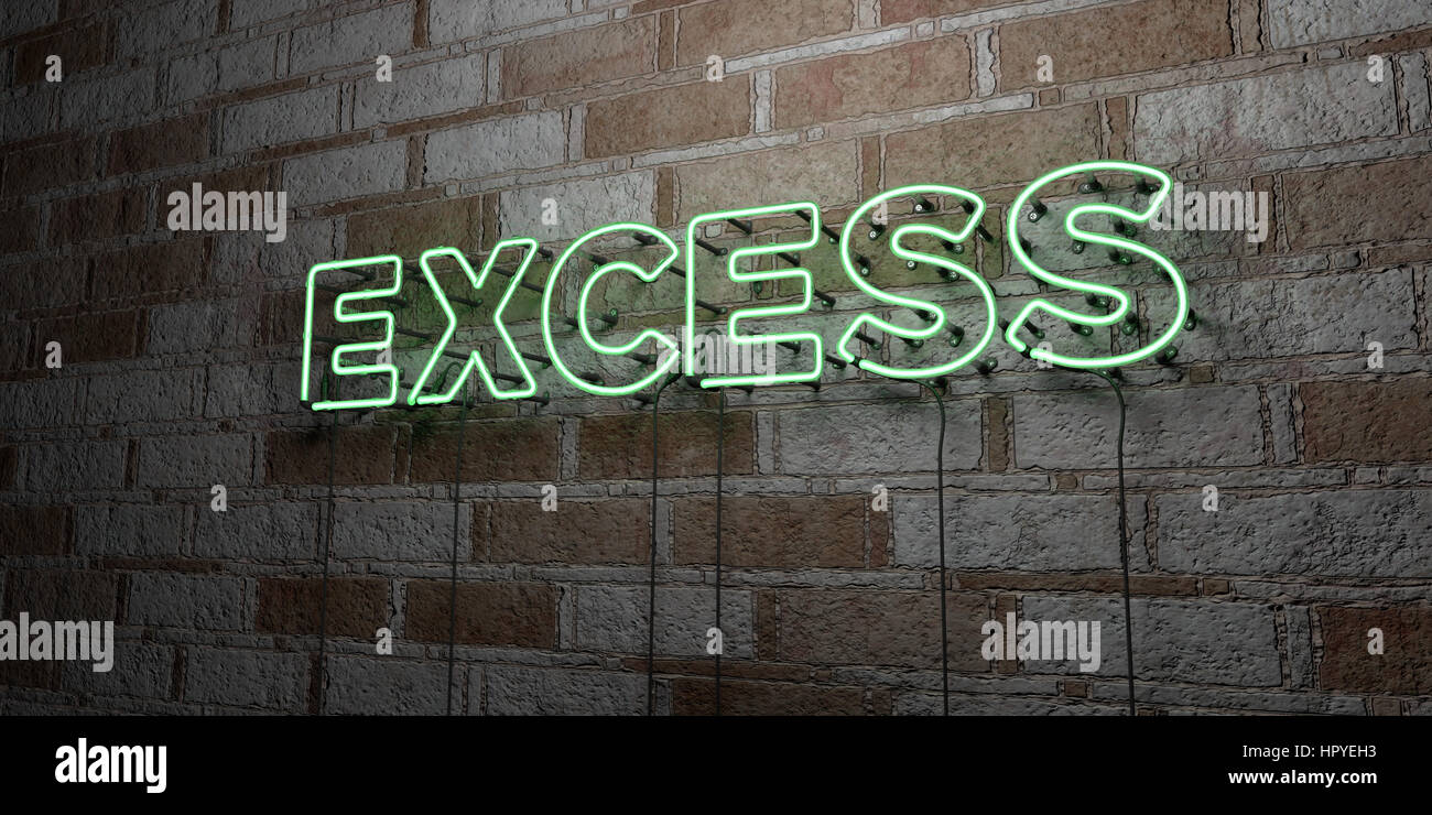 EXCESS - Glowing Neon Sign on stonework wall - 3D rendered royalty free ...