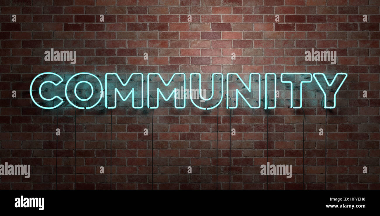 COMMUNITY - fluorescent Neon tube Sign on brickwork - Front view - 3D ...