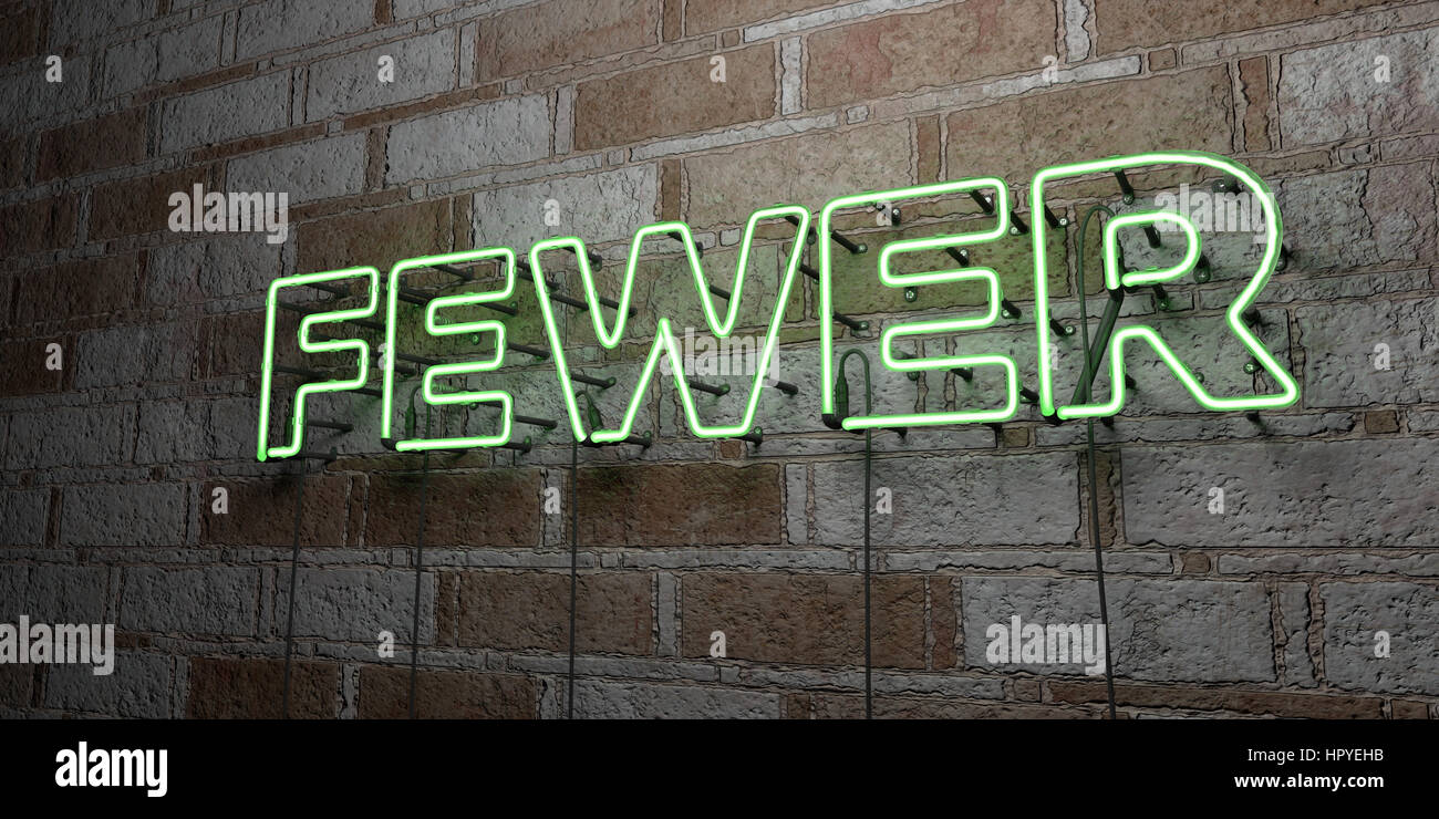 FEWER - Glowing Neon Sign on stonework wall - 3D rendered royalty free ...