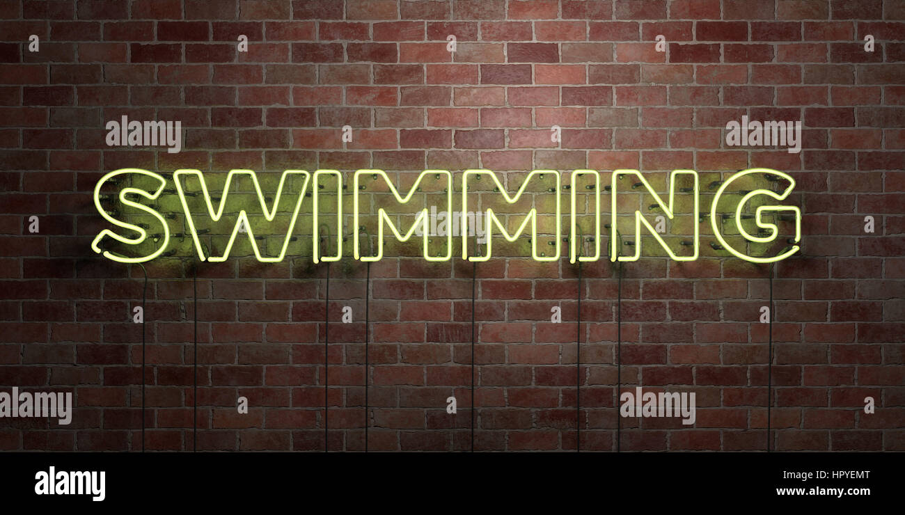 SWIMMING - fluorescent Neon tube Sign on brickwork - Front view - 3D ...