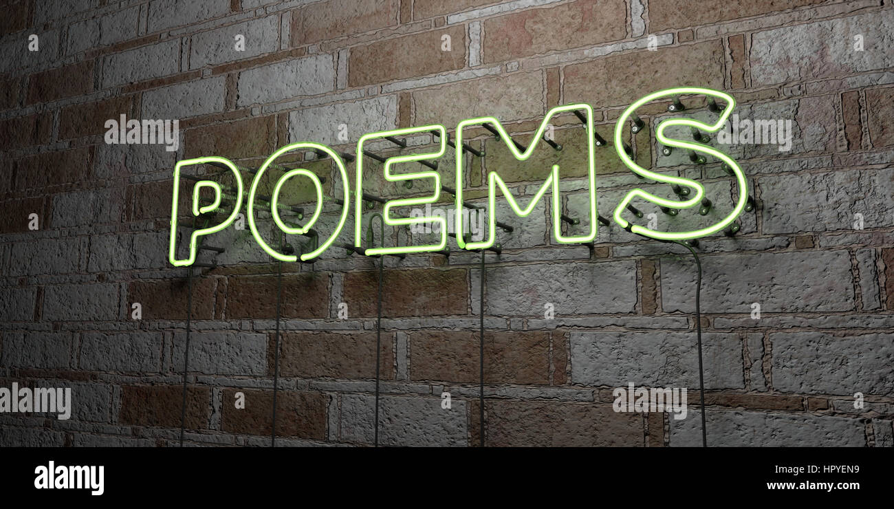 POEMS - Glowing Neon Sign on stonework wall - 3D rendered royalty free ...