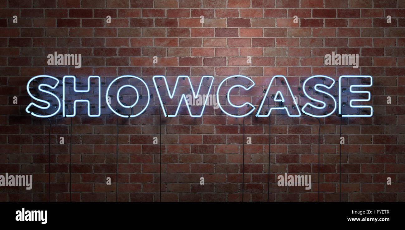 SHOWCASE - fluorescent Neon tube Sign on brickwork - Front view - 3D ...