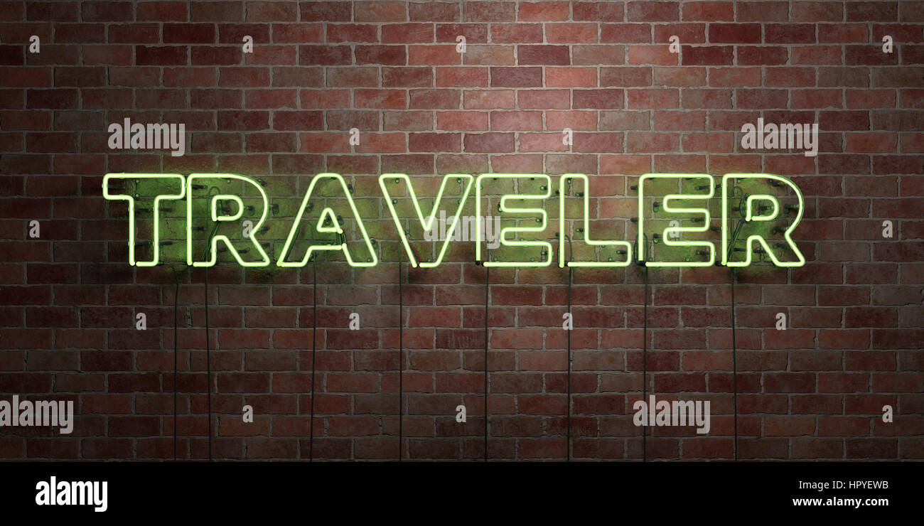 TRAVELER - fluorescent Neon tube Sign on brickwork - Front view - 3D ...