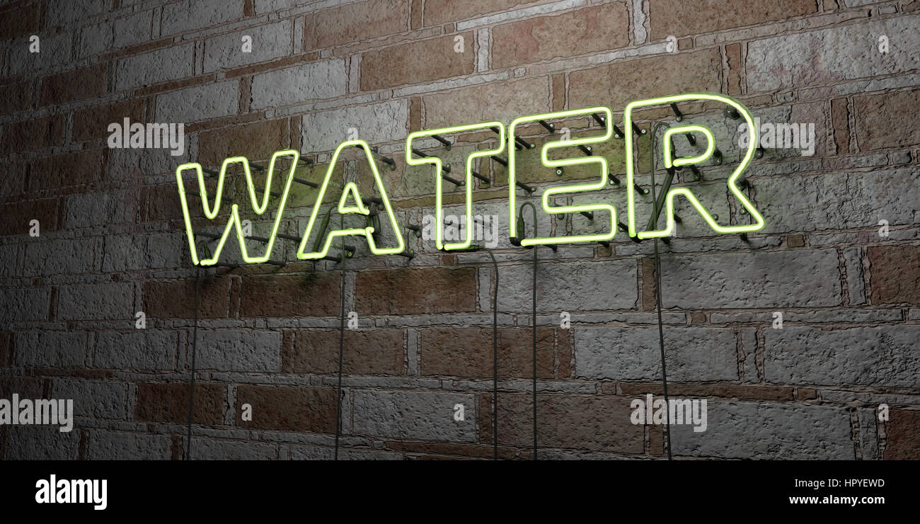 WATER - Glowing Neon Sign on stonework wall - 3D rendered royalty free ...