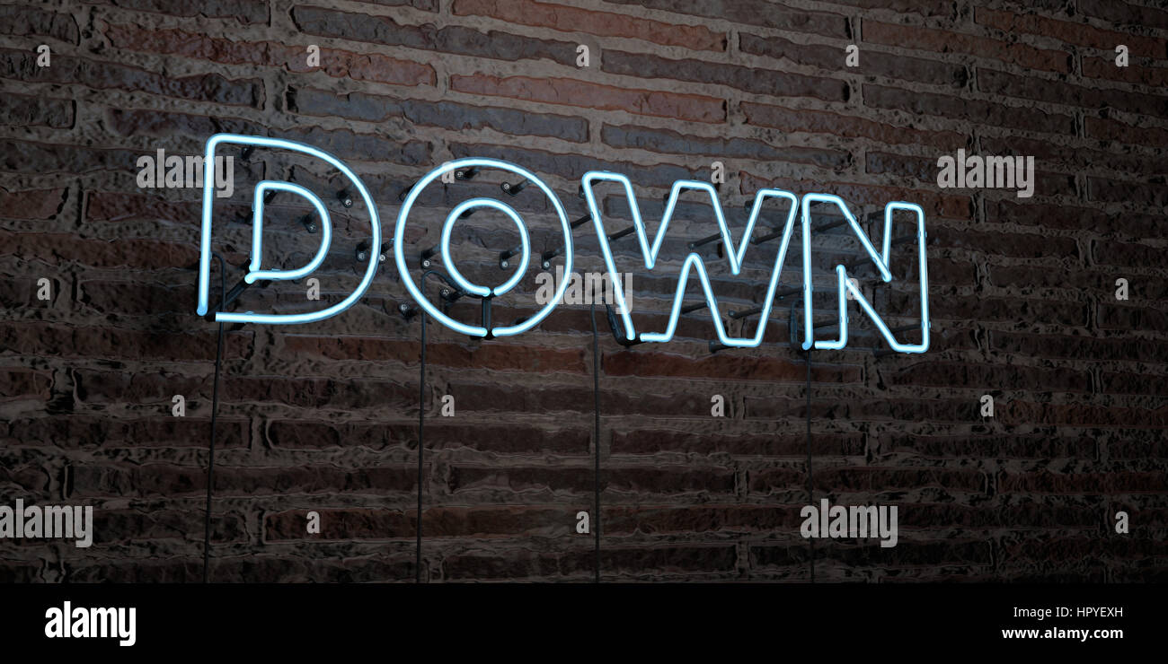 DOWN -Realistic Neon Sign on Brick Wall background - 3D rendered ...