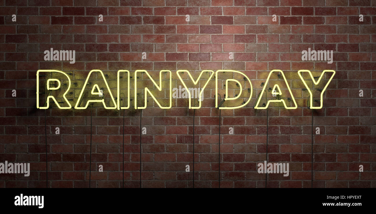 RAINYDAY - fluorescent Neon tube Sign on brickwork - Front view - 3D ...