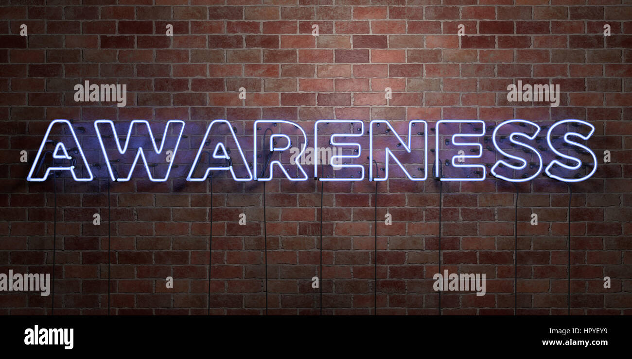 AWARENESS - fluorescent Neon tube Sign on brickwork - Front view - 3D ...