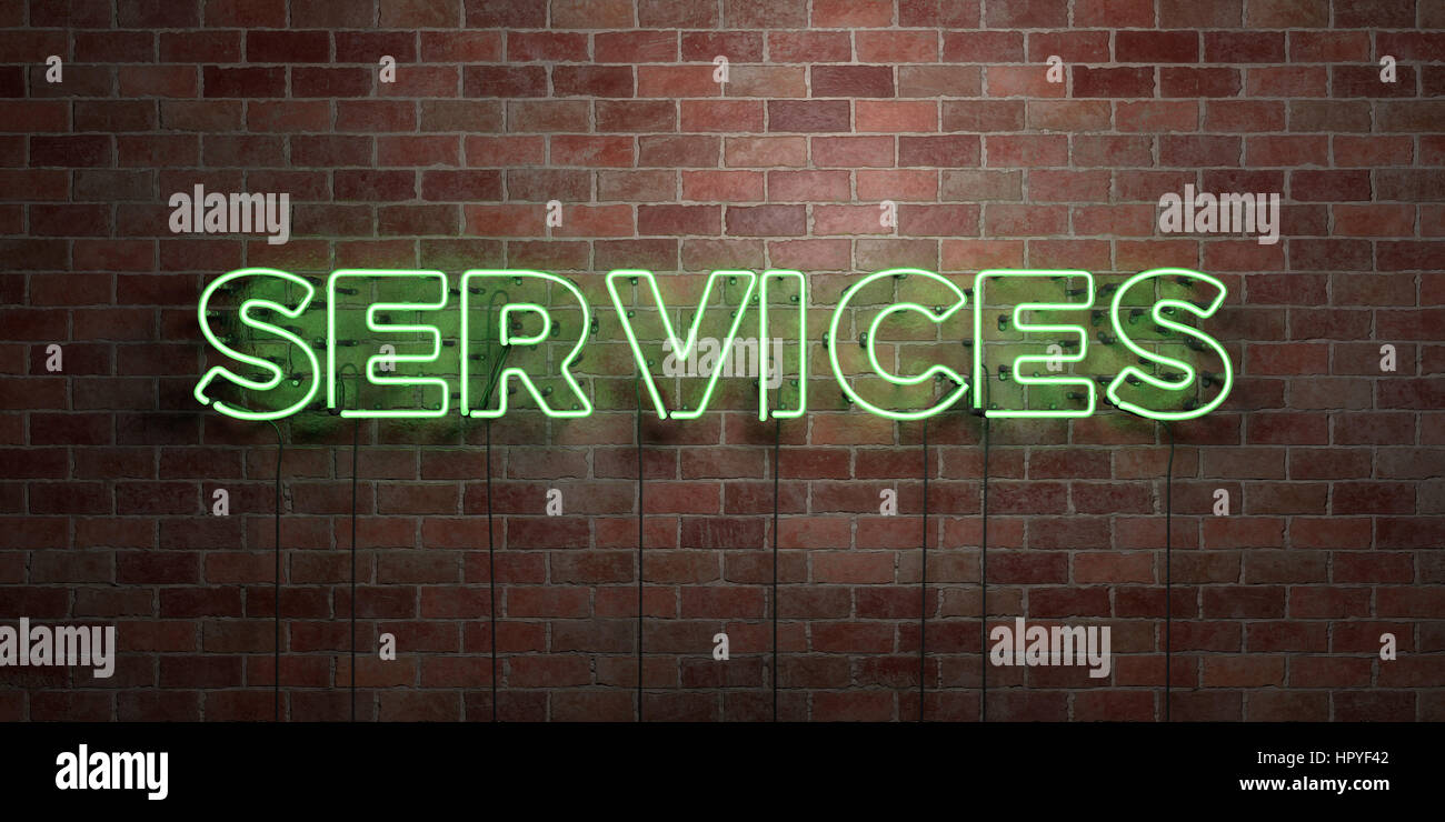 SERVICES - fluorescent Neon tube Sign on brickwork - Front view - 3D ...